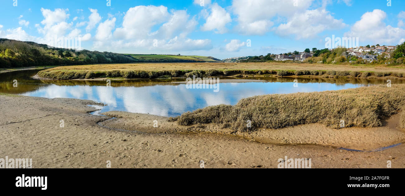 A panoramic view of the Gannel River in the Gannel Estuary in Newquay ...