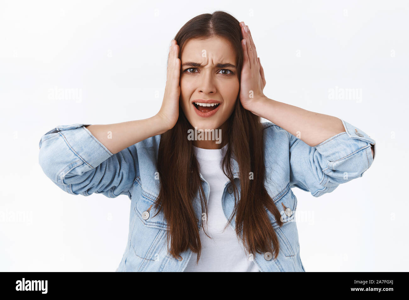 Bothered, distressed and panicking worried caucasian woman, standing ...