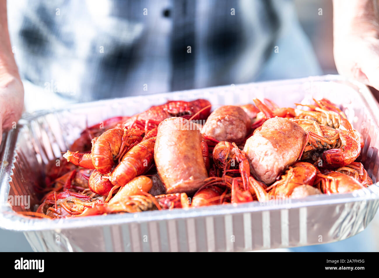 Closeup of lobsters and crawfish seafood with hands holding tray of red ...