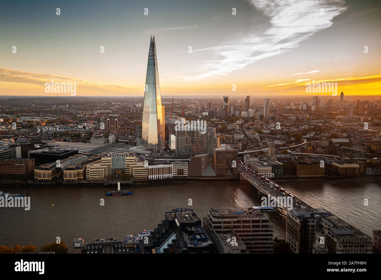 View from Sky Garden Terraces at south London and busy Thames river ...