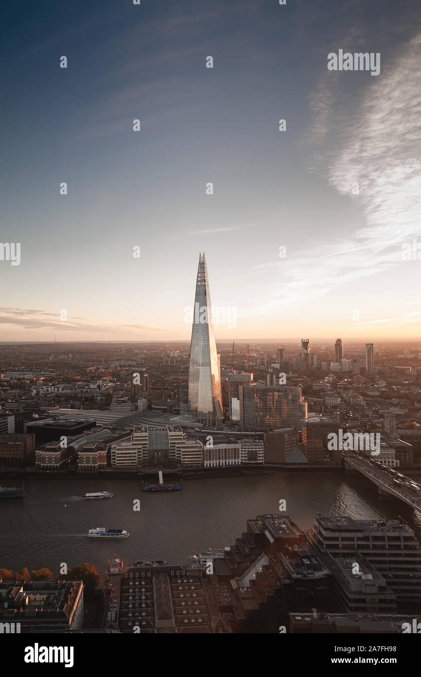 View from Sky Garden Terraces at south London and busy Thames river ...