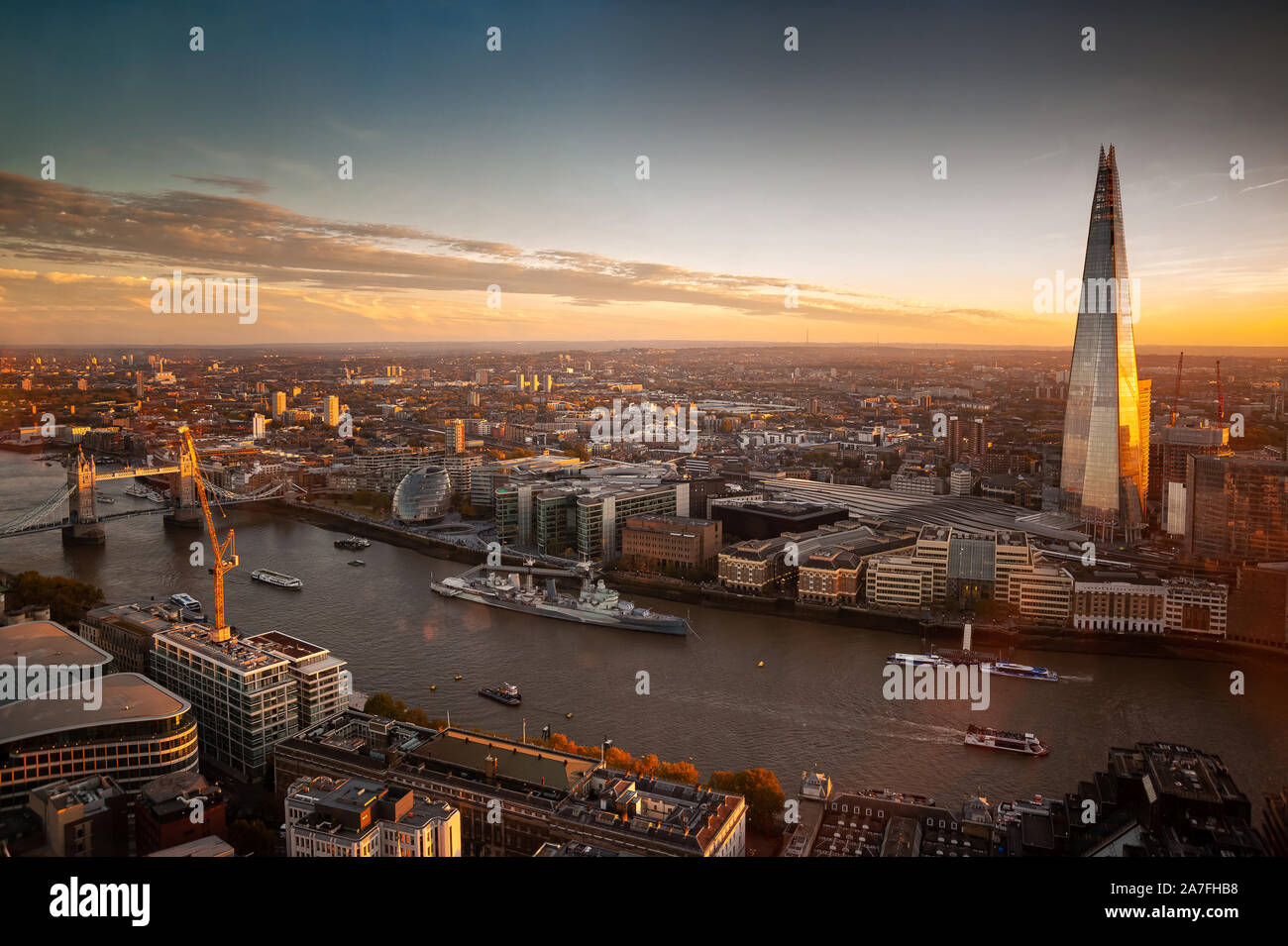 View from Sky Garden Terraces at south London and busy Thames river ...