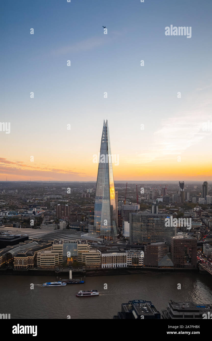 View from Sky Garden Terraces at south London and busy Thames river ...