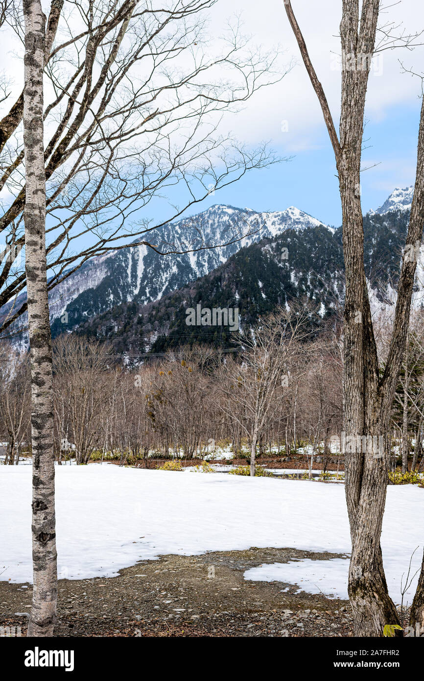 Mountain peak with snow vertical view in Okuhida villages Shinhotaka ...