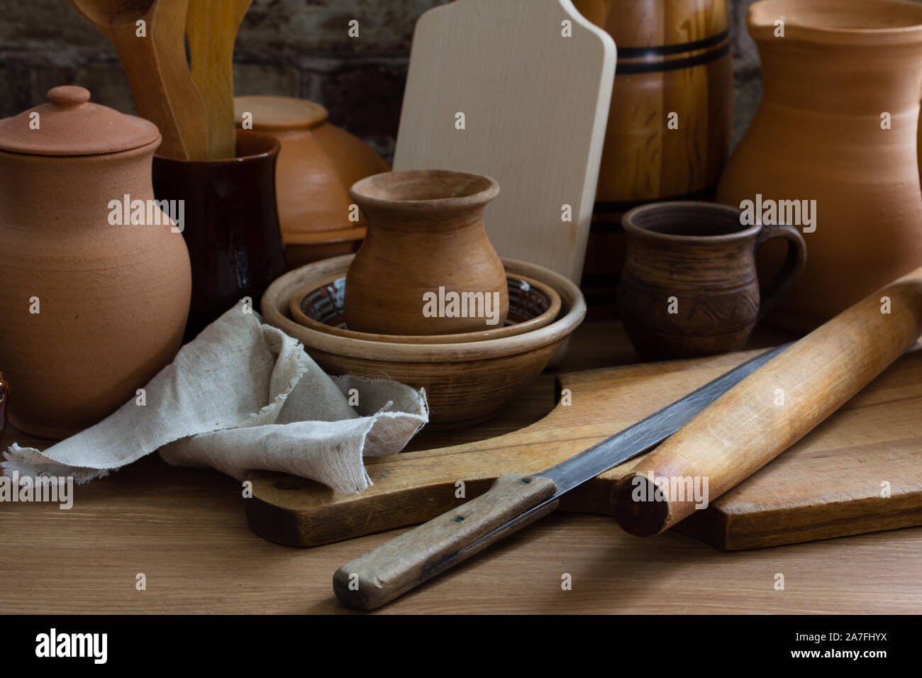 Vintage still life with wooden and ceramic tableware Stock Photo - Alamy
