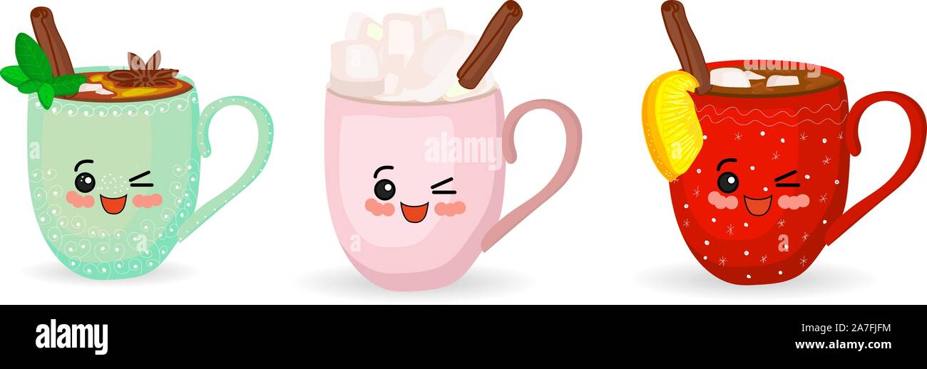 Set of cute cartoon kawaii cups. Characters with hands and a smile ...