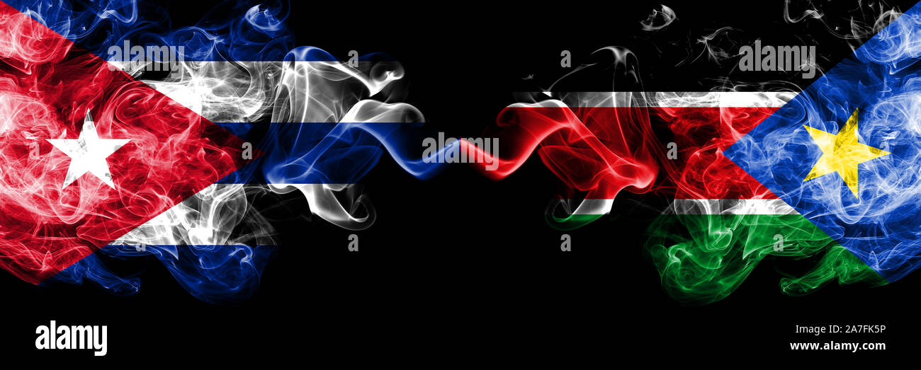 Cuba, Cuban vs South Sudan smoky mystic flags placed side by side ...