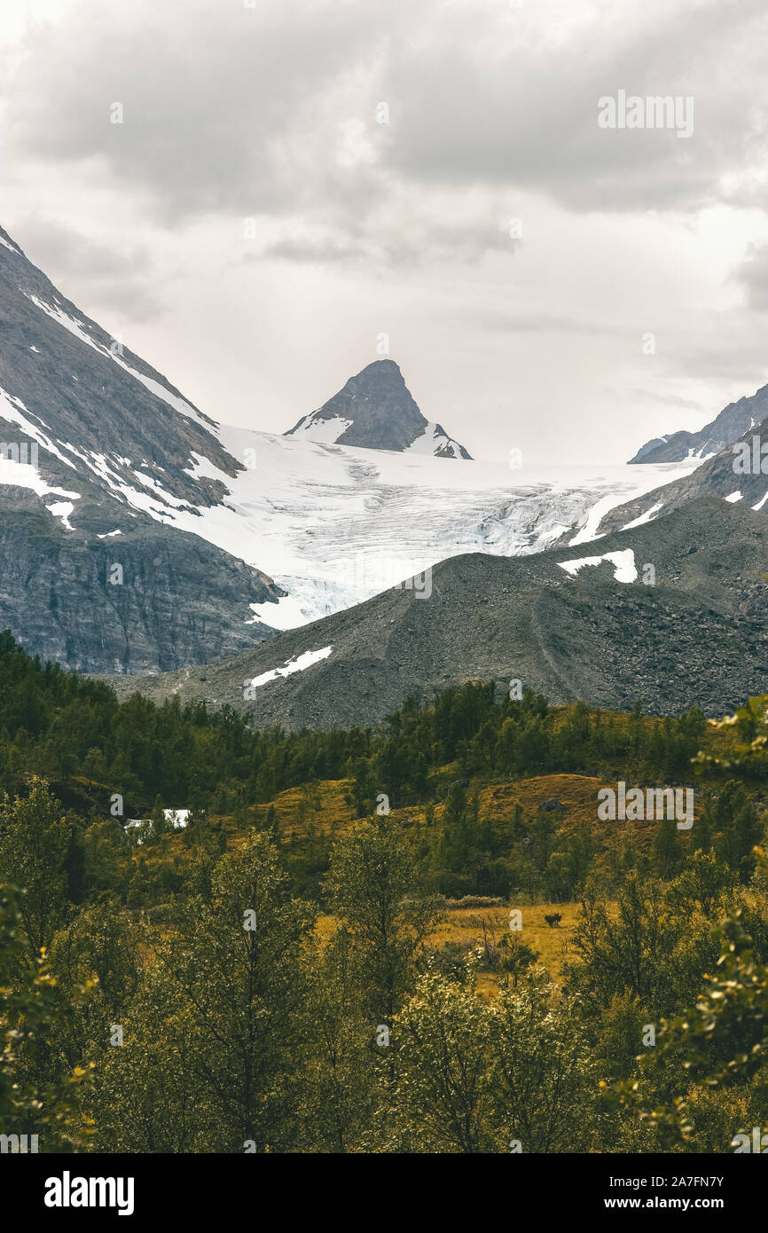 Norway mountains landscape Steindalsbreen glacier and forest in Lyngen ...