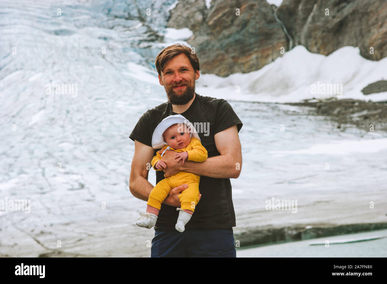 Father and daughter traveling together happy family hike in mountains ...