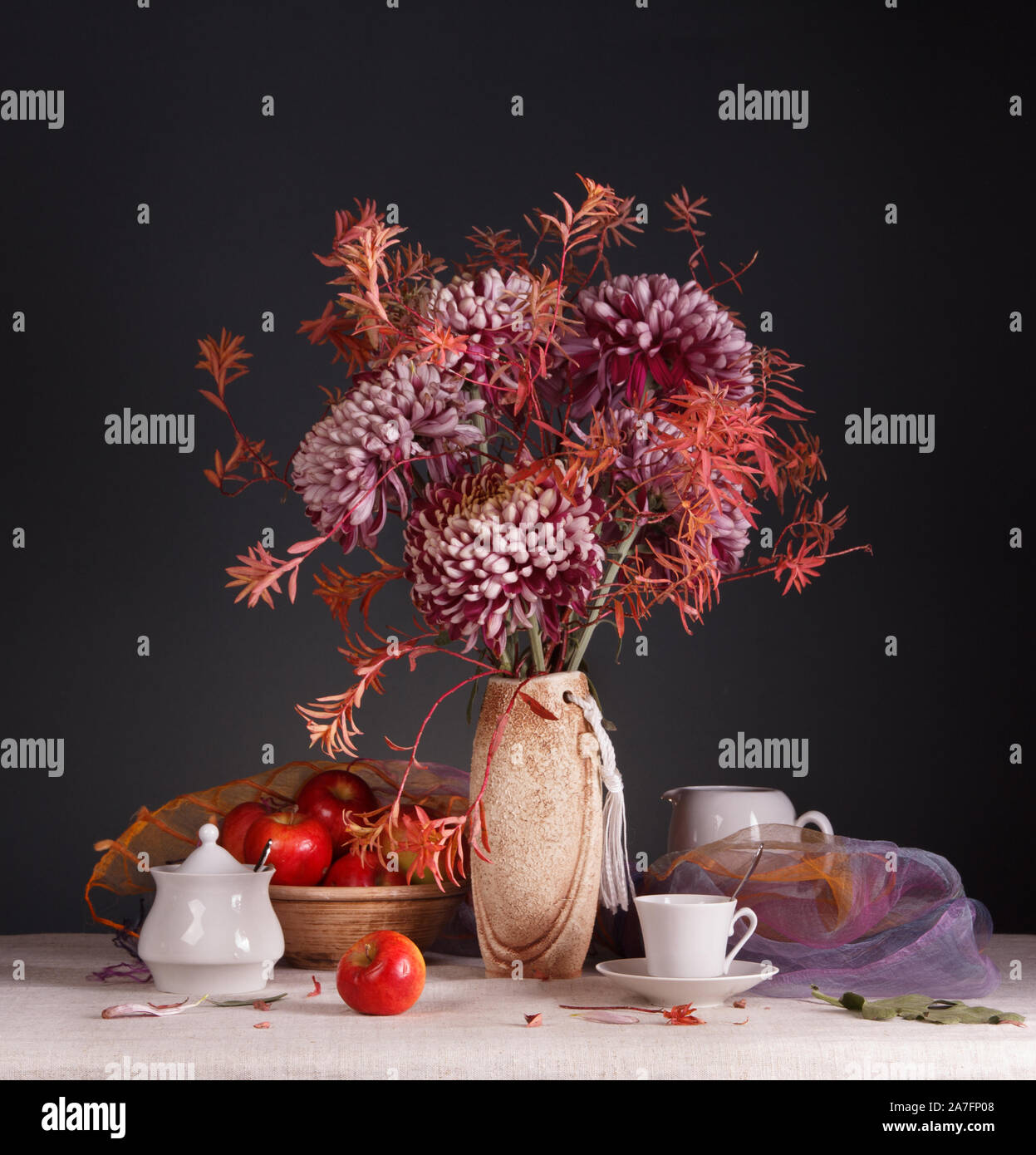 Still life with flowers, fruit and utensils for coffe Stock Photo - Alamy