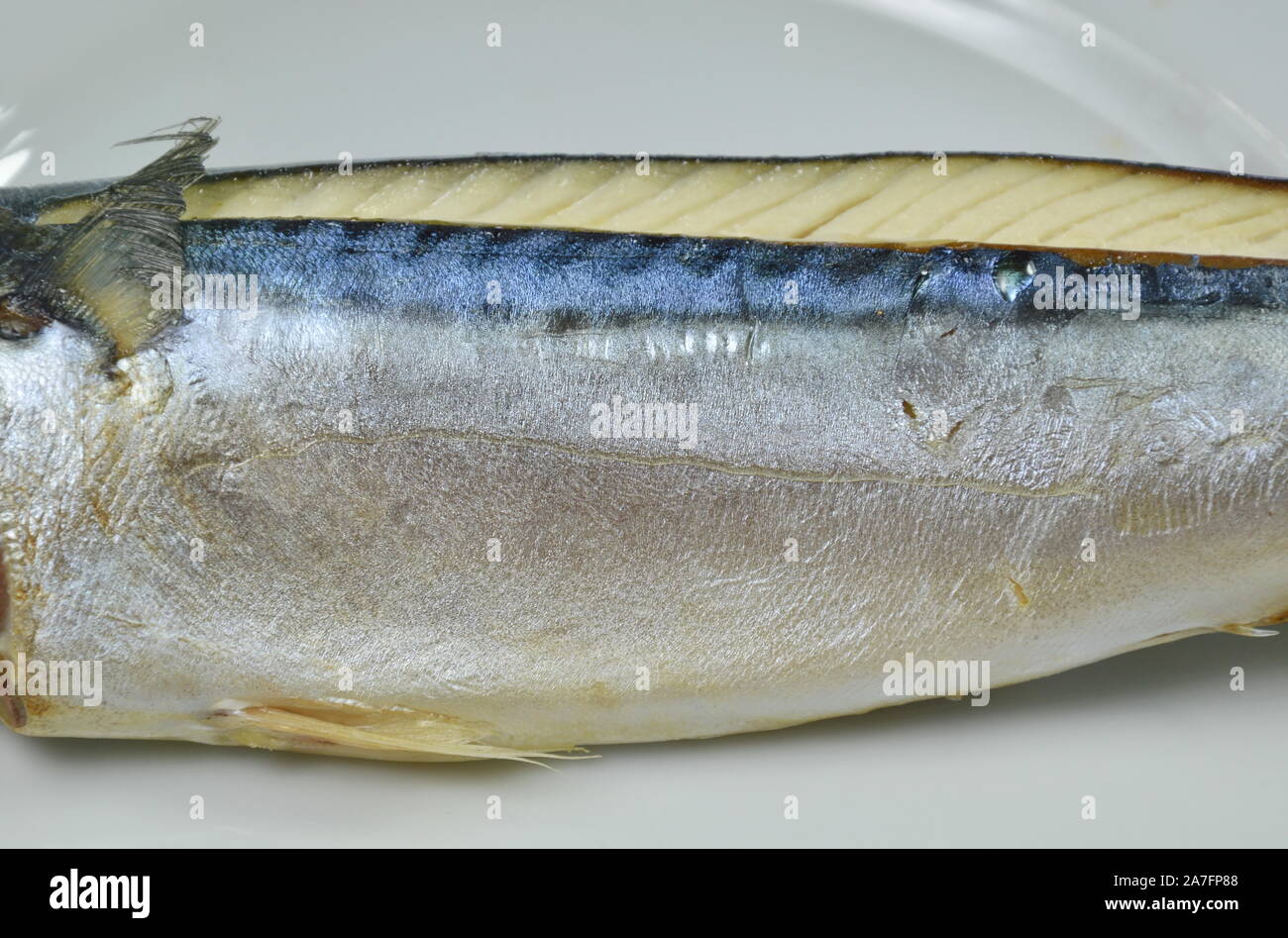 steamed Saba fish skin on plate Stock Photo - Alamy