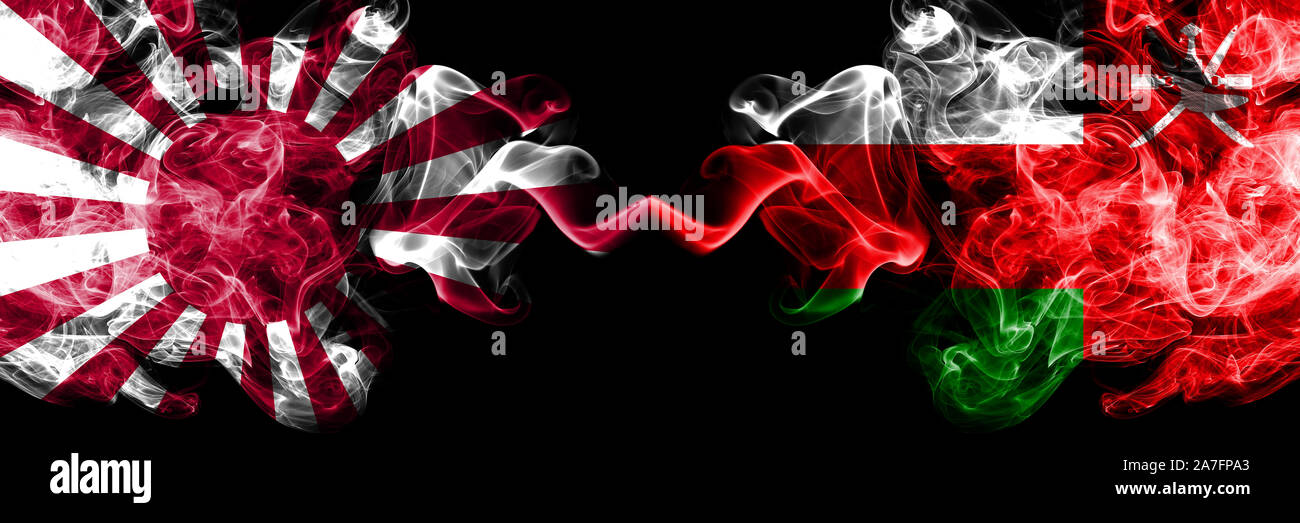 Japan rising sun naval vs Oman, Omani smoky mystic states flags placed ...