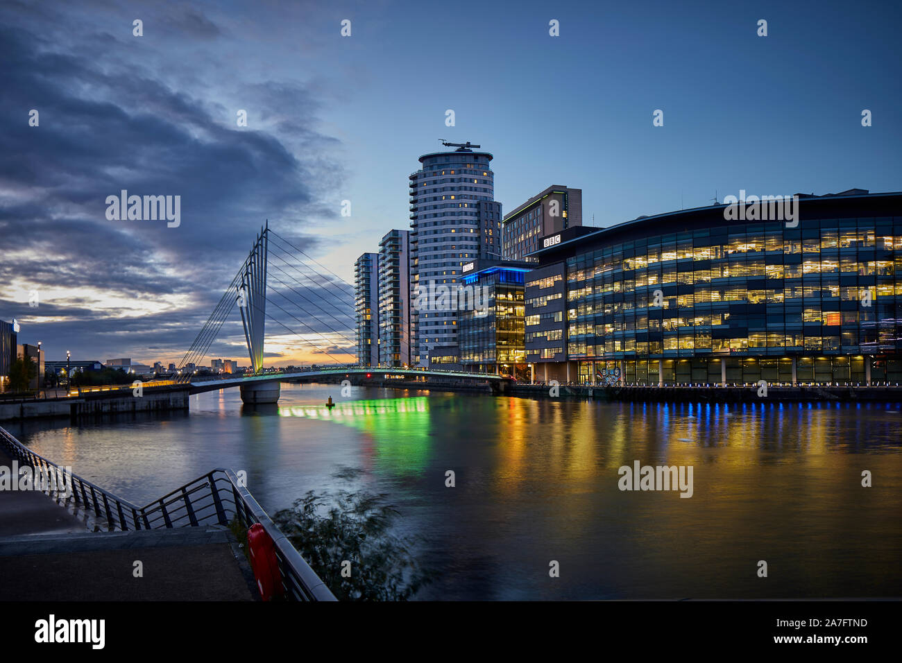 Night at MediacityUK Salford quays regenerated docks, BBC offices BBC ...