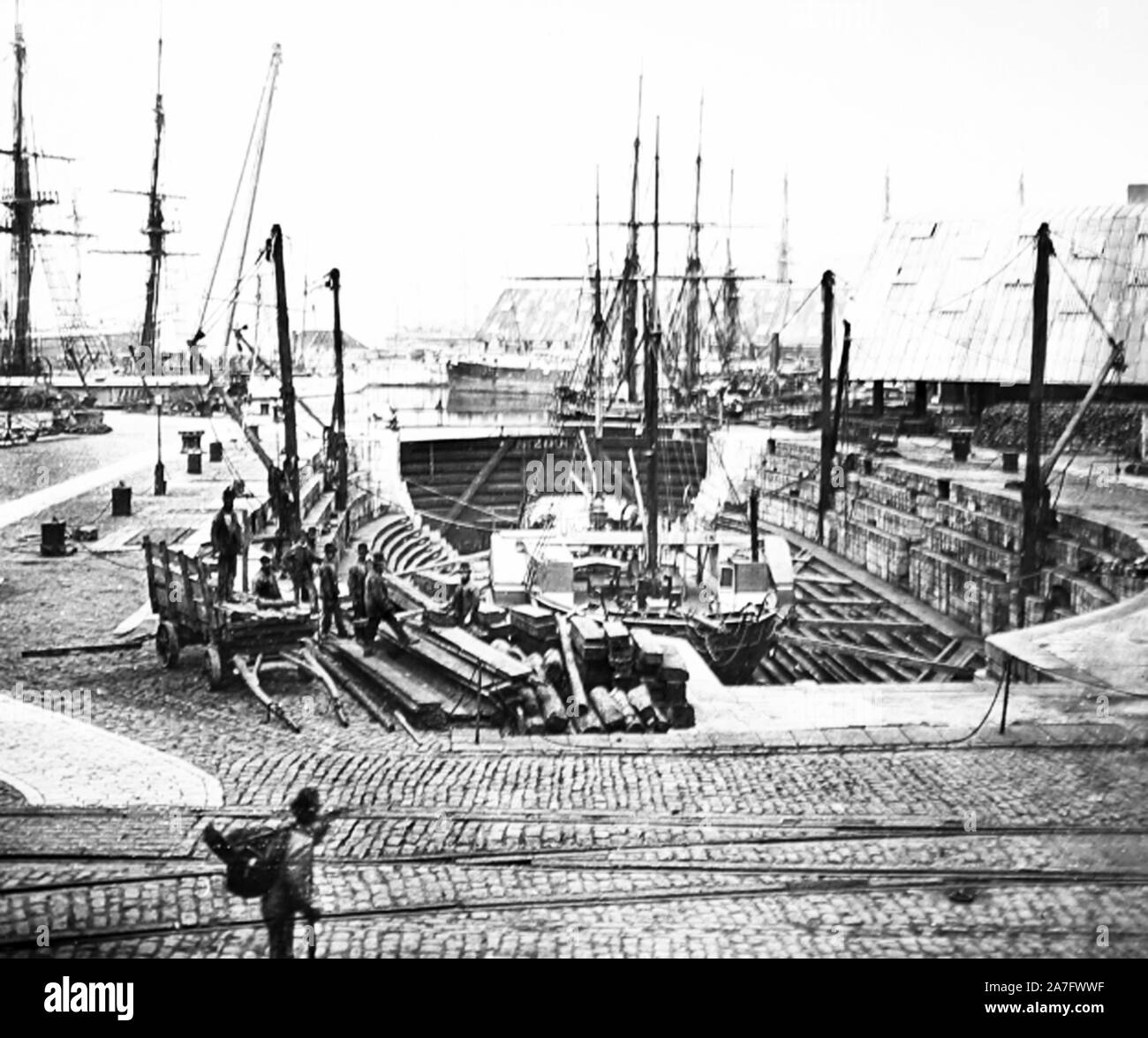 Paddle steamer in dry dock in Portsmouth, Victorian period Stock Photo ...