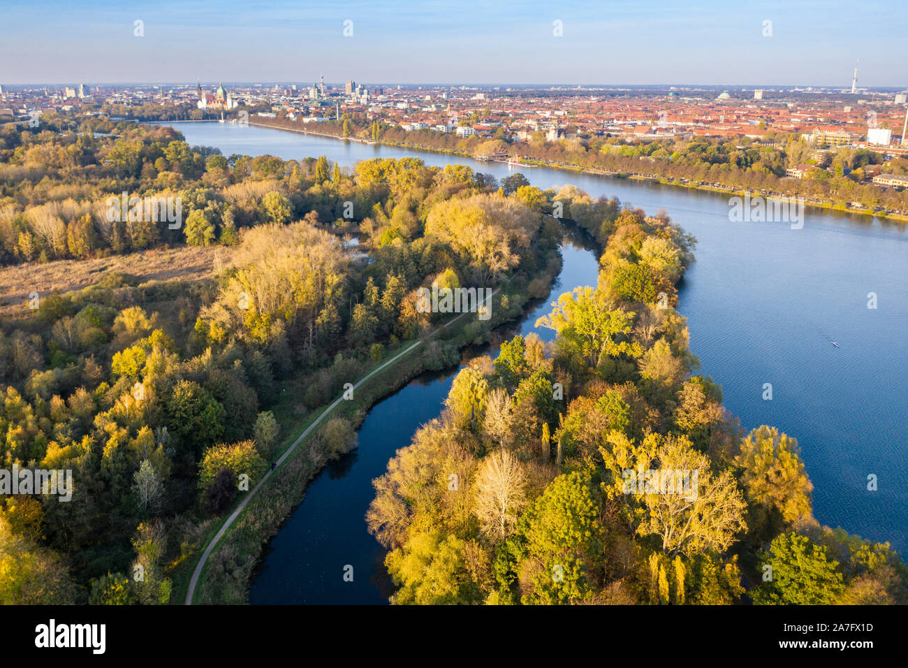 Drone shot of river Leine and lake Maschsee in autumn, Hannover city ...