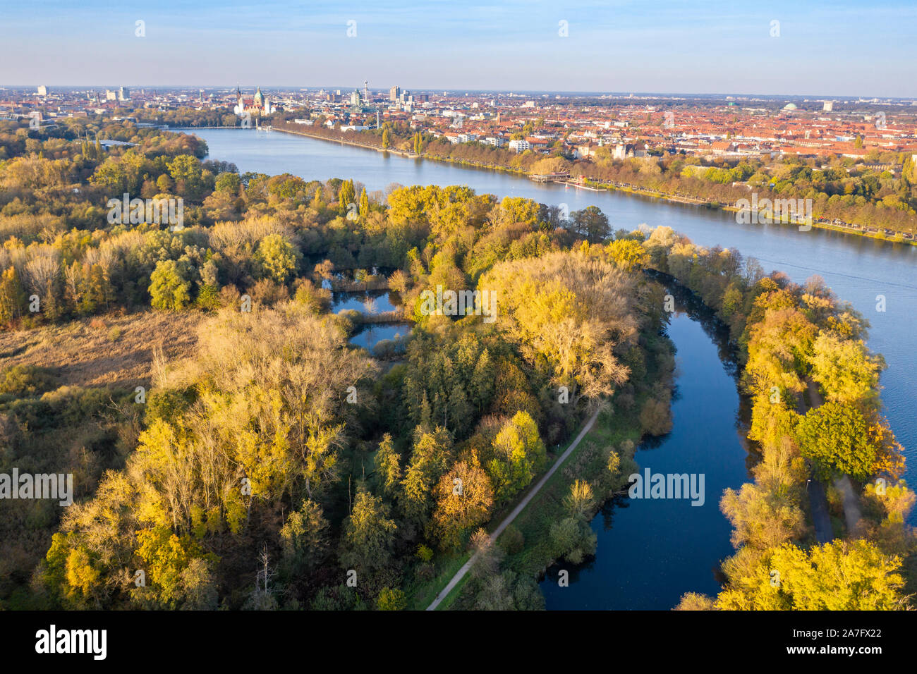 Drone shot of river Leine and lake Maschsee in autumn, Hannover city ...