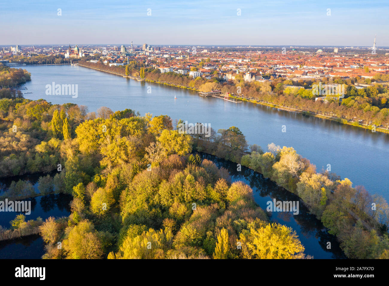 Drone shot of river Leine and lake Maschsee in autumn, Hannover city ...