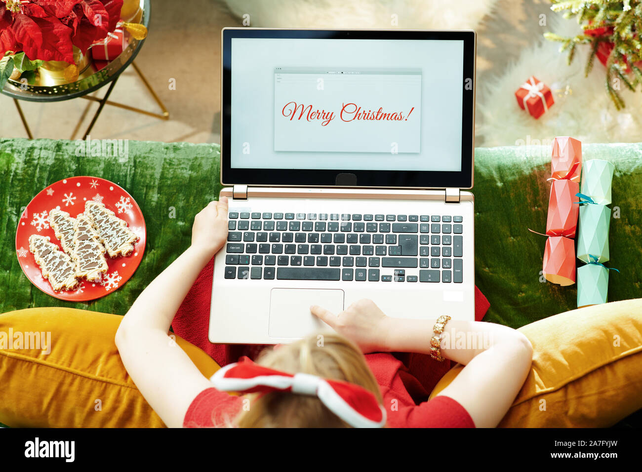 Holiday Season. Upper view of modern little princess in red dress ...