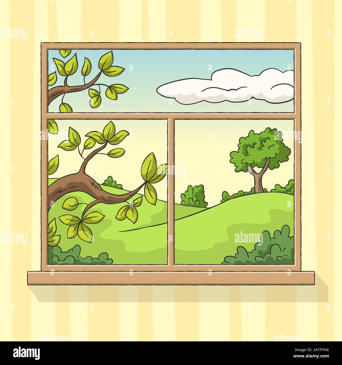 Window in the wall overlooking a summer landscape. Hand drawn vector ...