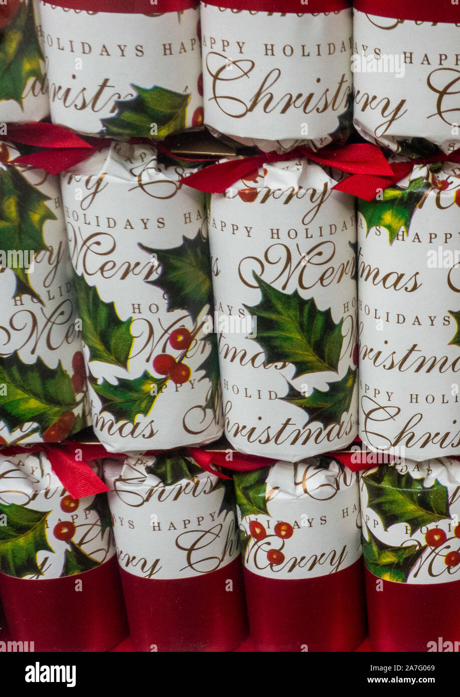 Christmas Crackers with red and green design Stock Photo - Alamy