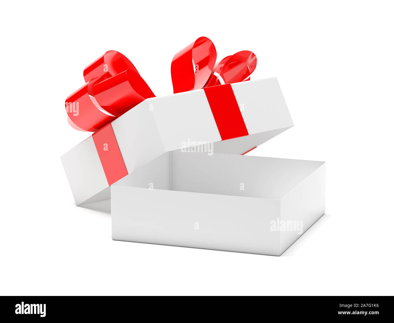 Gift box decorated with ribbon. Open empty container with red bow. 3d ...