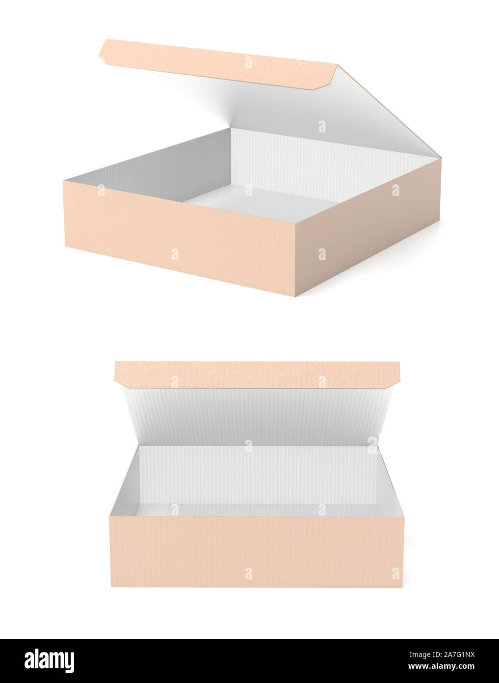 Flat brown paper boxes. Open cartons. 3d rendering illustration ...