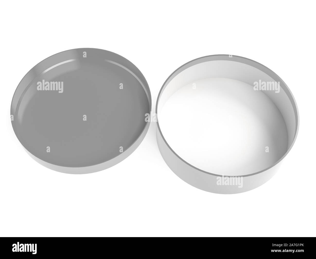 Round box. Open gray carton with lid. 3d rendering illustration ...