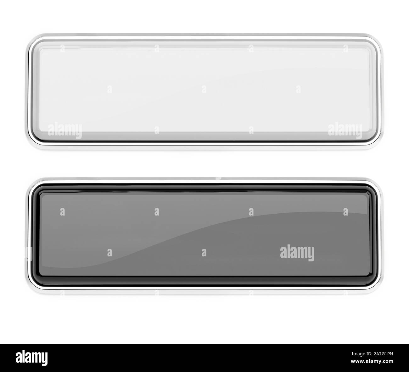 White and black glass buttons. Square push buttons with metal frame. 3d ...