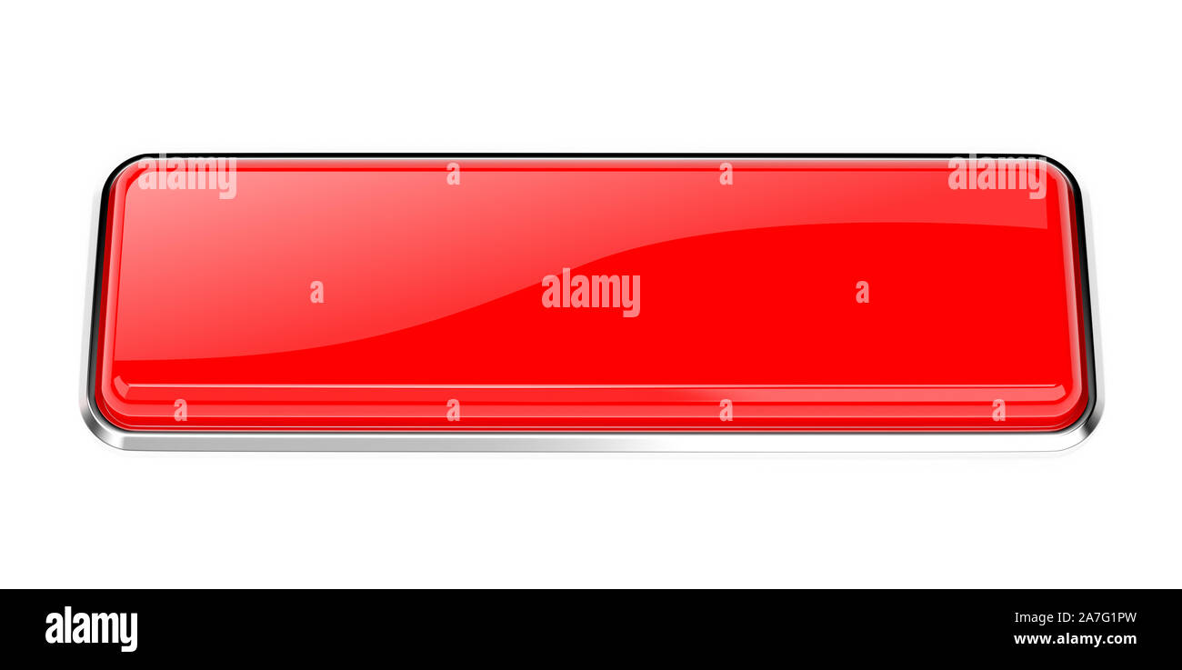 Red glass button. Square push button with metal frame. 3d rendering ...