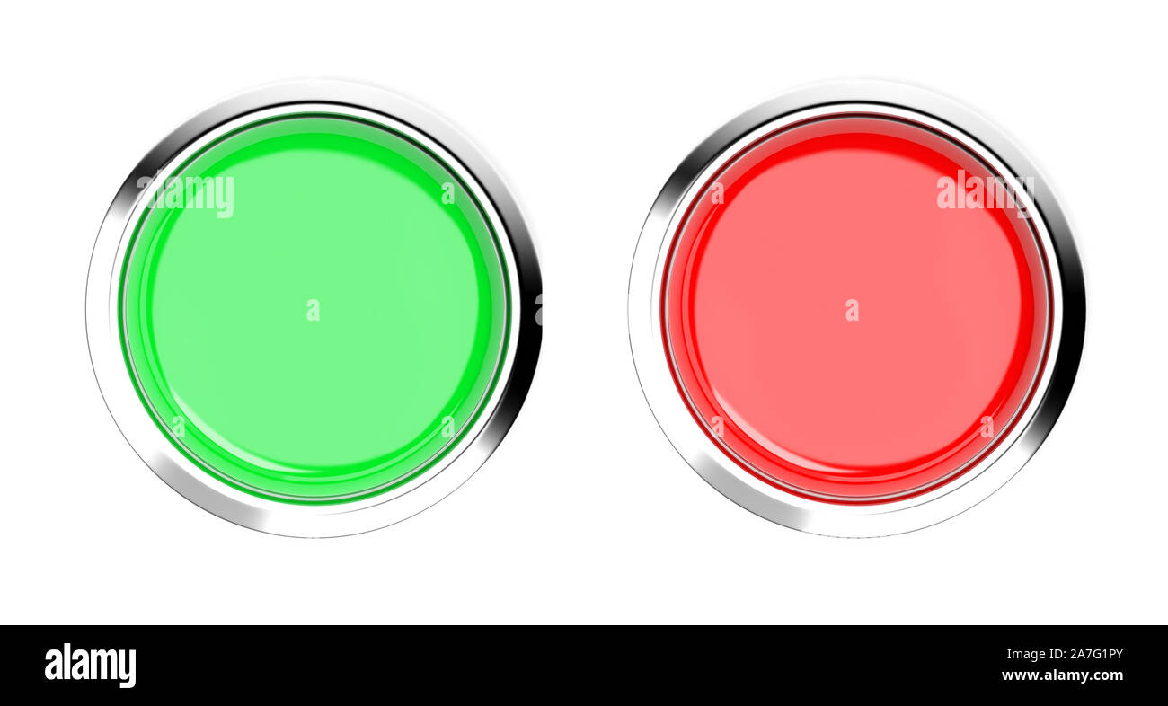 Green and red push buttons. Top view. 3d rendering illustration ...