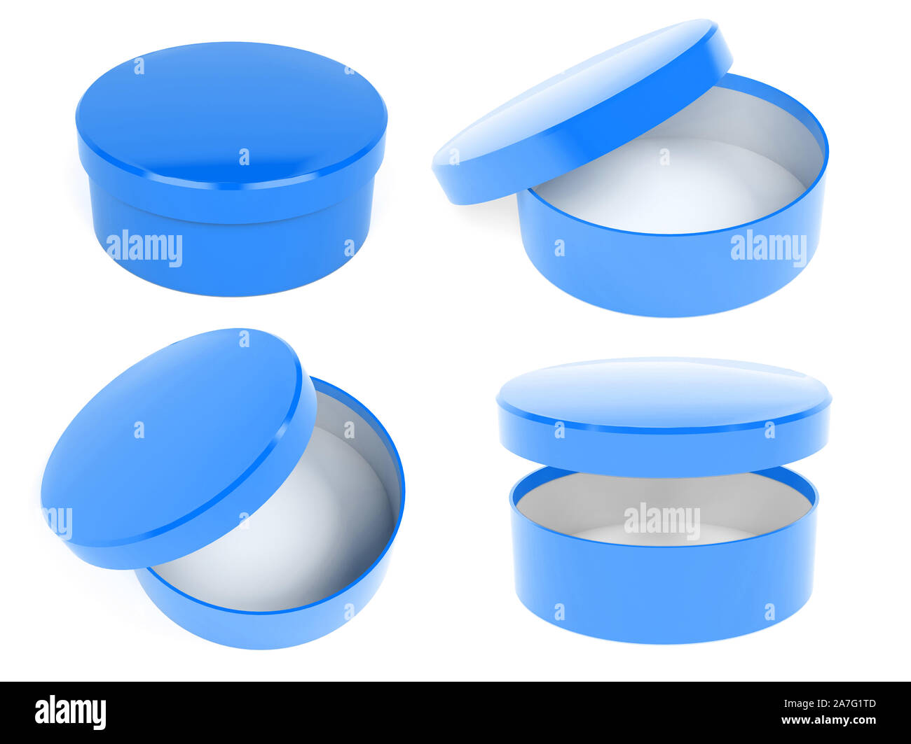 Round box. Open and closed blue carton with lid. 3d rendering ...