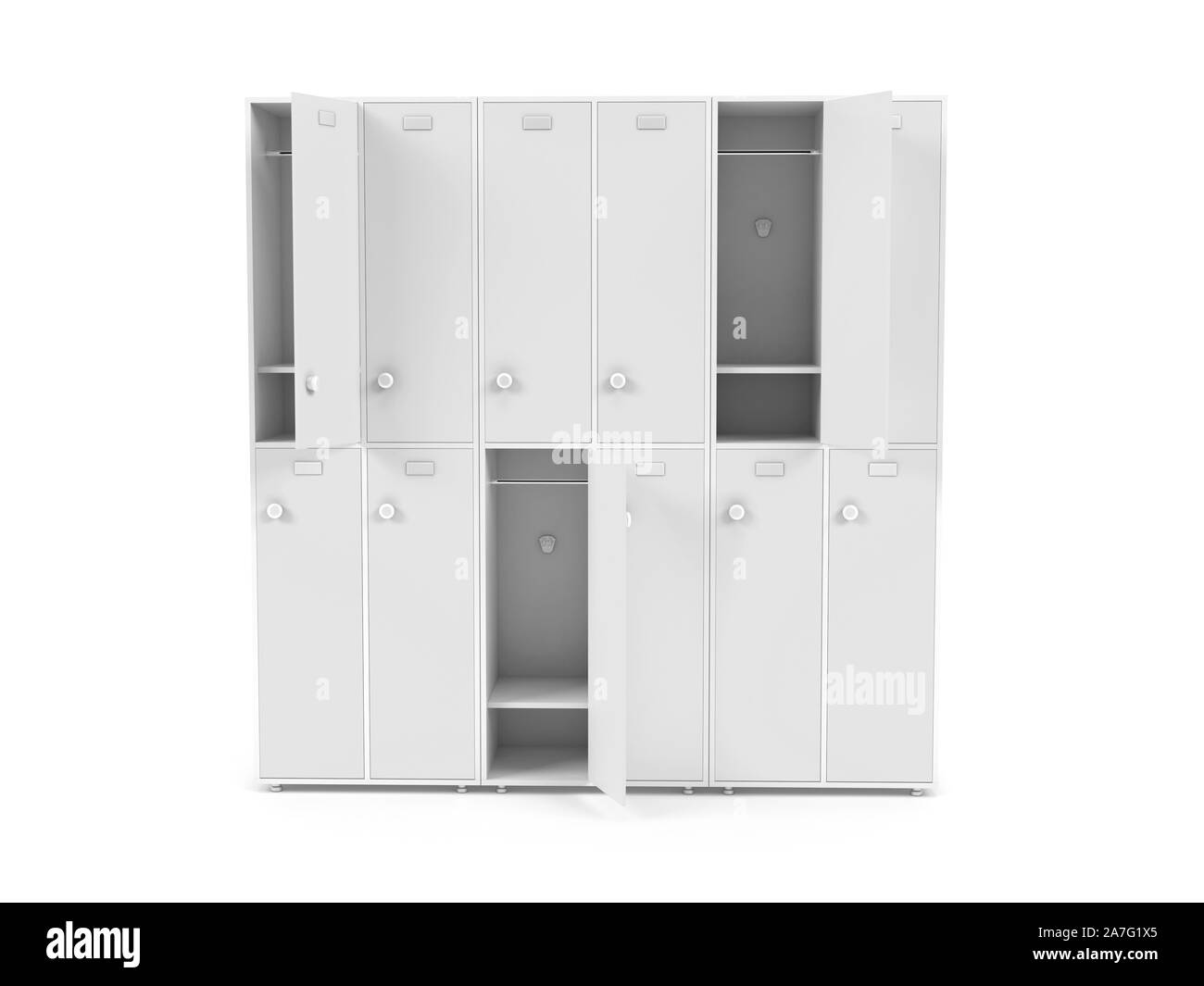 White lockers. Two row section of lockers for schoool or gym. 3d ...