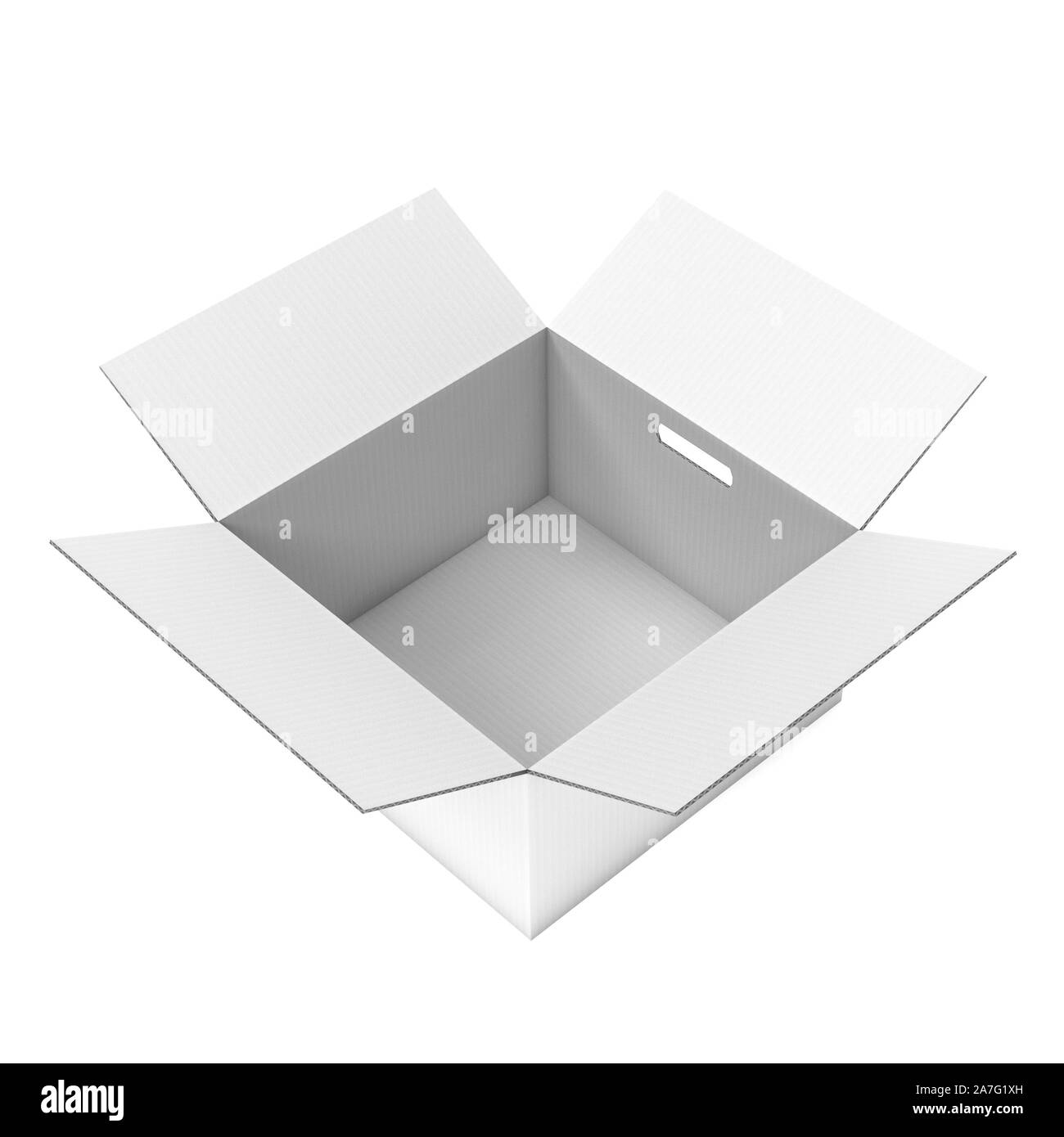 Open corrugated carton box with handle holes. White parcel. 3d ...