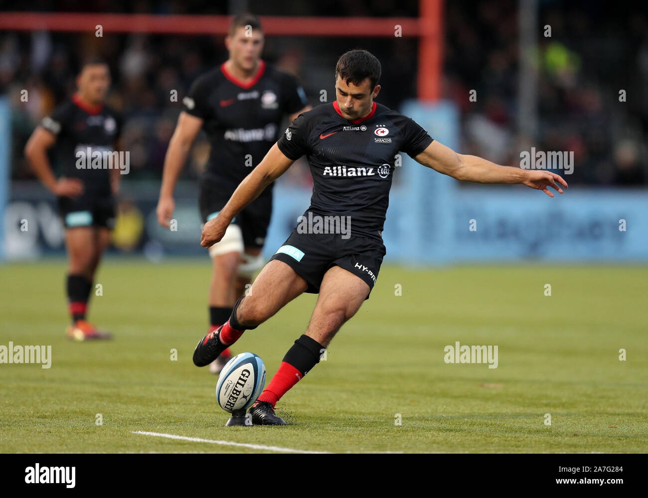 Saracens' Alex Lozowski kicks a penalty during the Gallagher ...