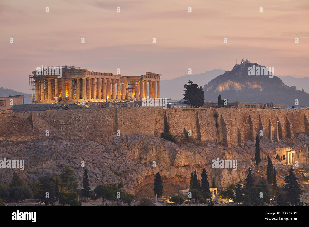 Athens capital of Greece 5th century floodlit landmark ruins Parthenon ...