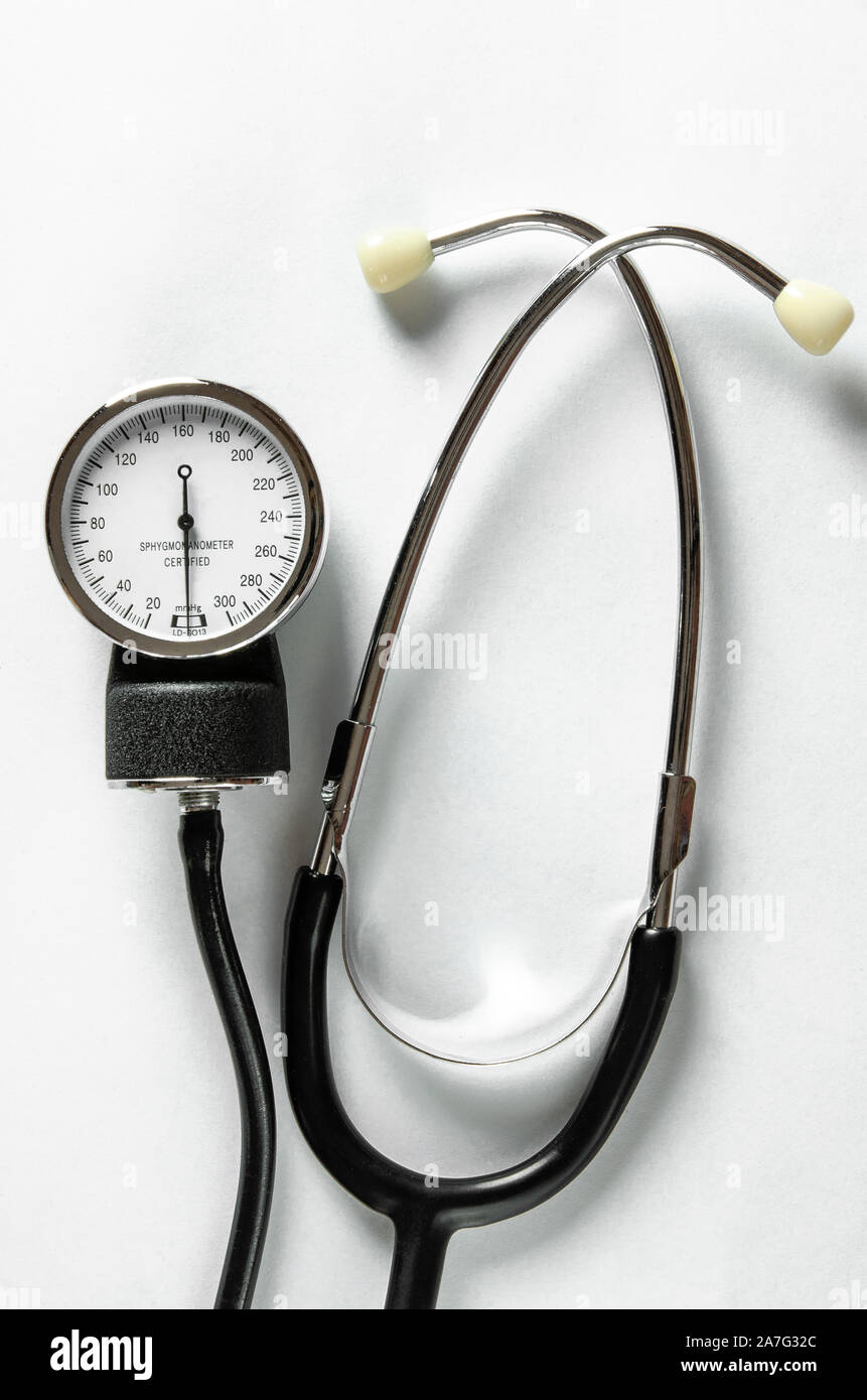 The black tonometer lies on a white background. View from above. Close ...