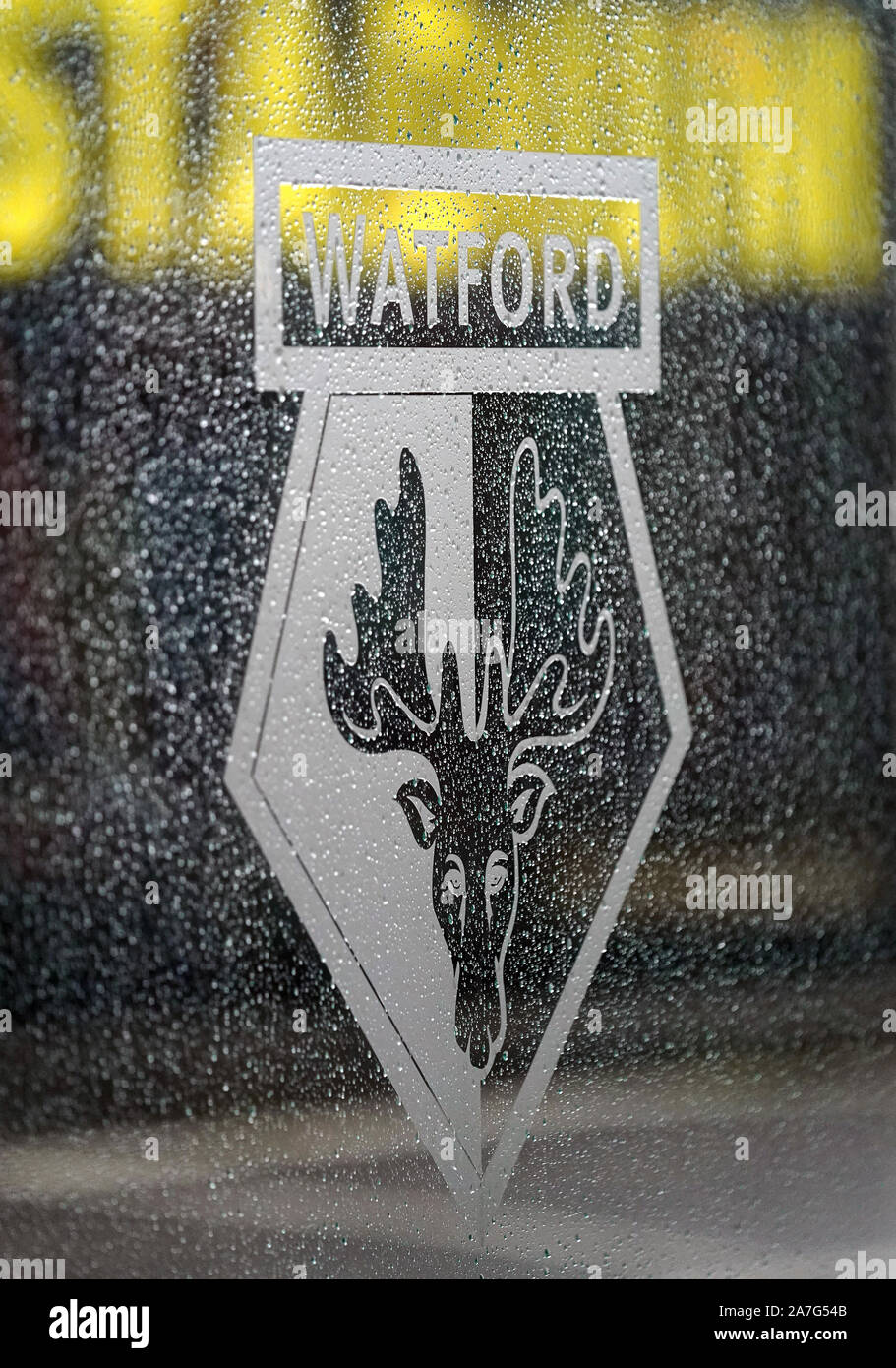 A general view of the Watford logo outside during the Vicarage Road ...