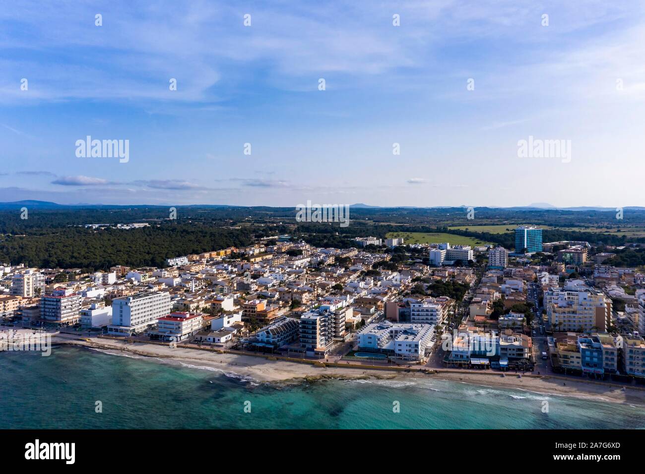 Aerial view, local view with beach, Can Picafort, Majorca, Balearic ...