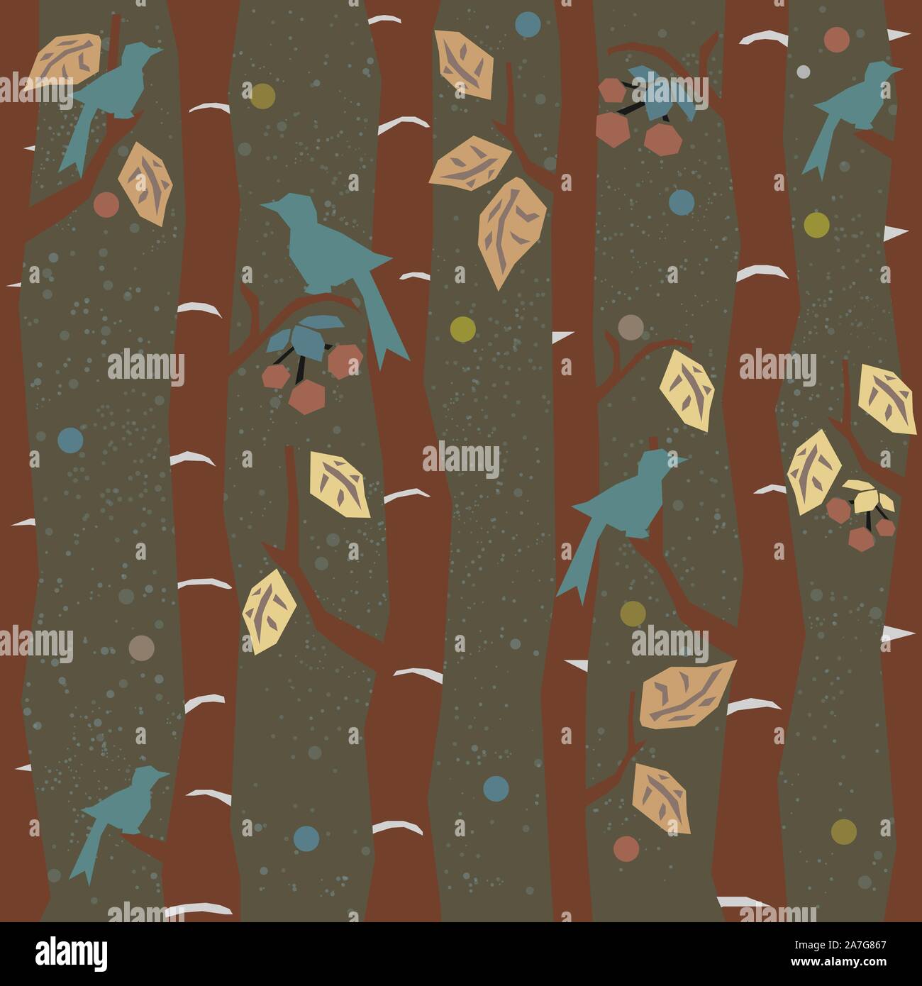 Seamless Tree Pattern with big birds, berries and leaves. Autumn Design ...
