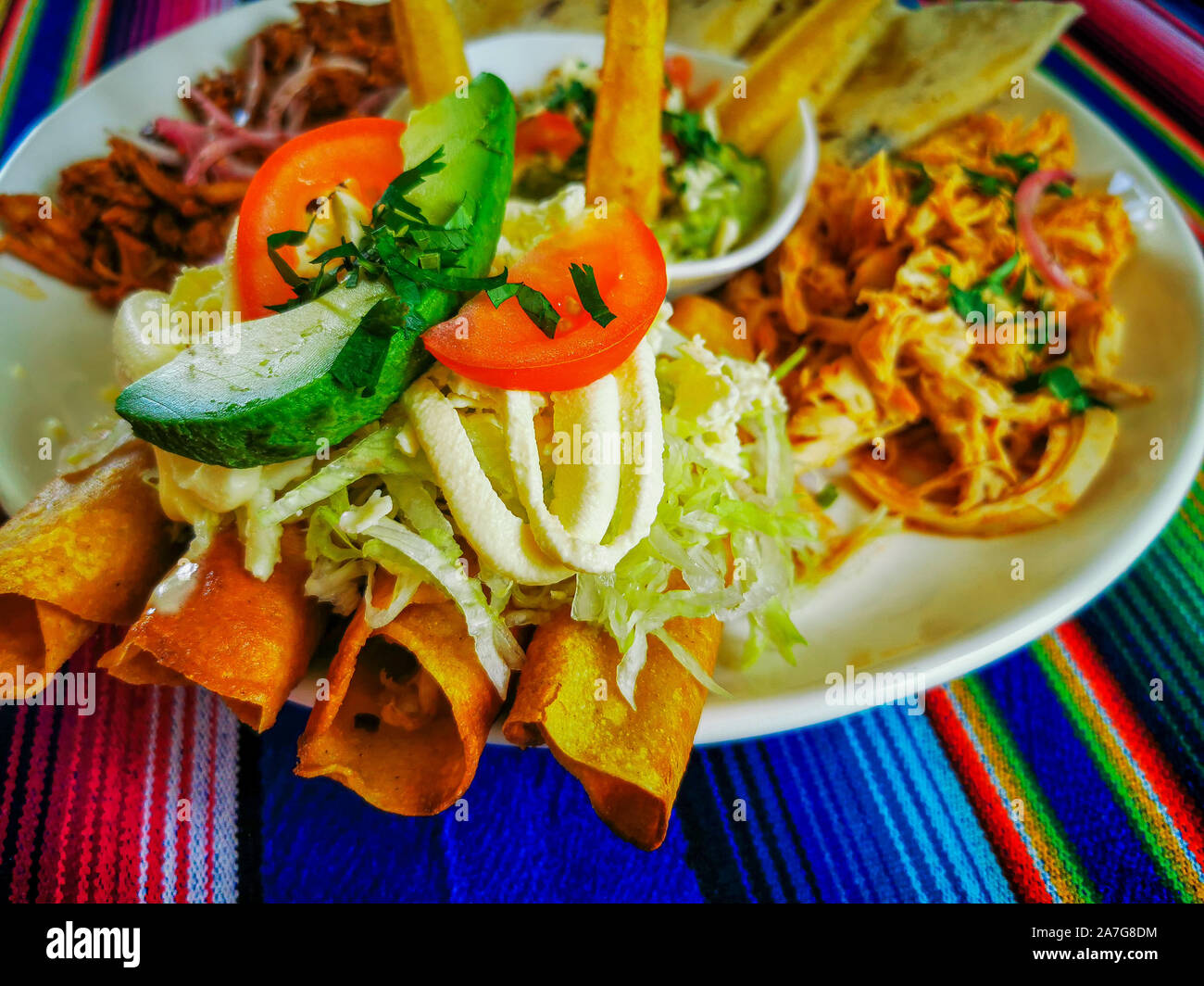 Mexican food mix colorful background, guacamole, cochinita pibil ...