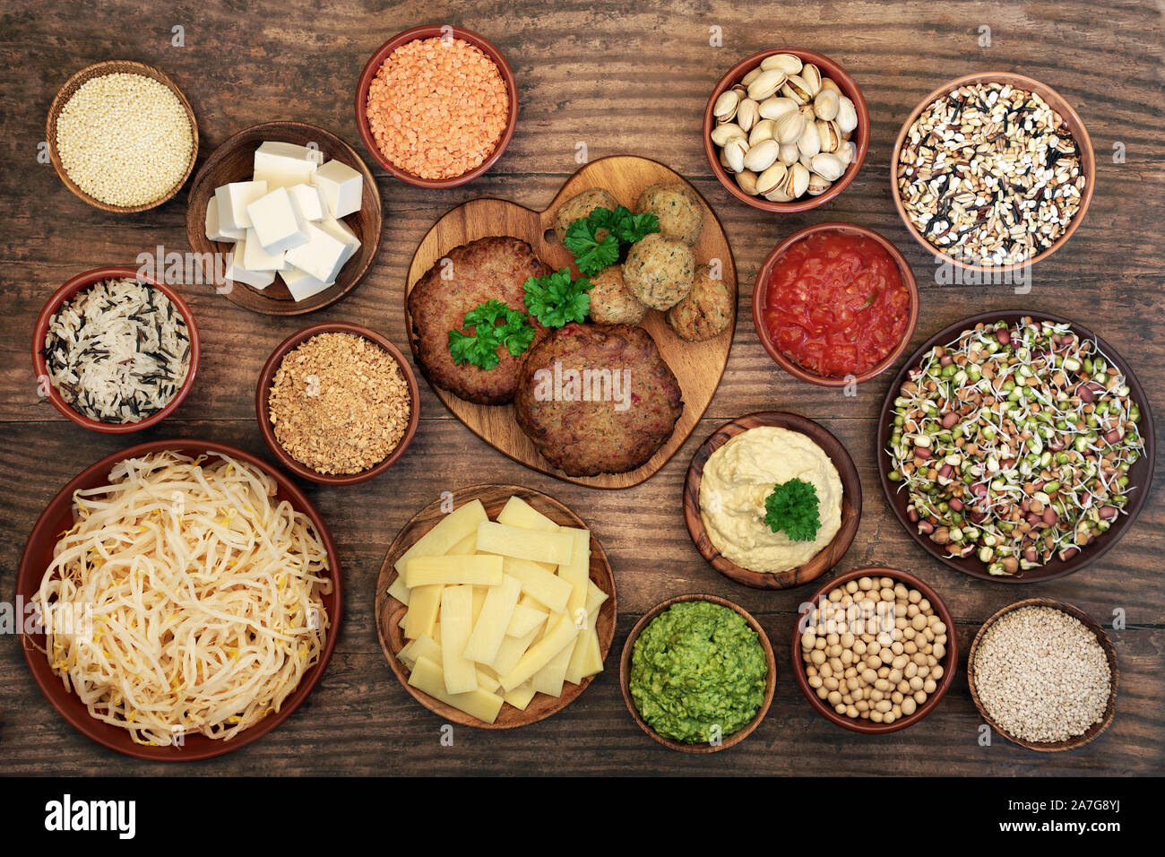 Vegan health food diet with falafel balls & burgers, grains, tofu ...