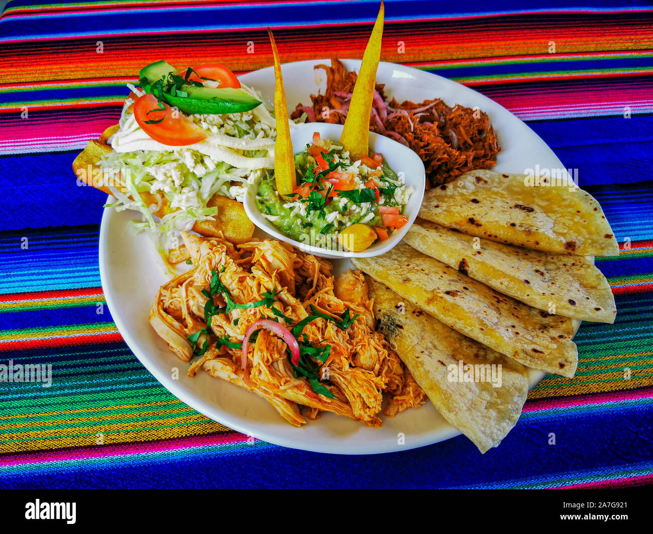 Mexican food mix colorful background, guacamole, cochinita pibil ...