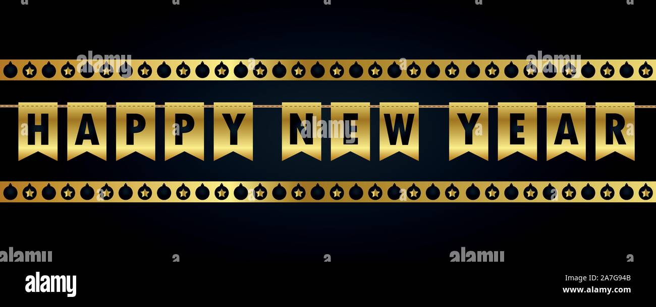 happy new year gold party flags banner with pattern tape vector ...
