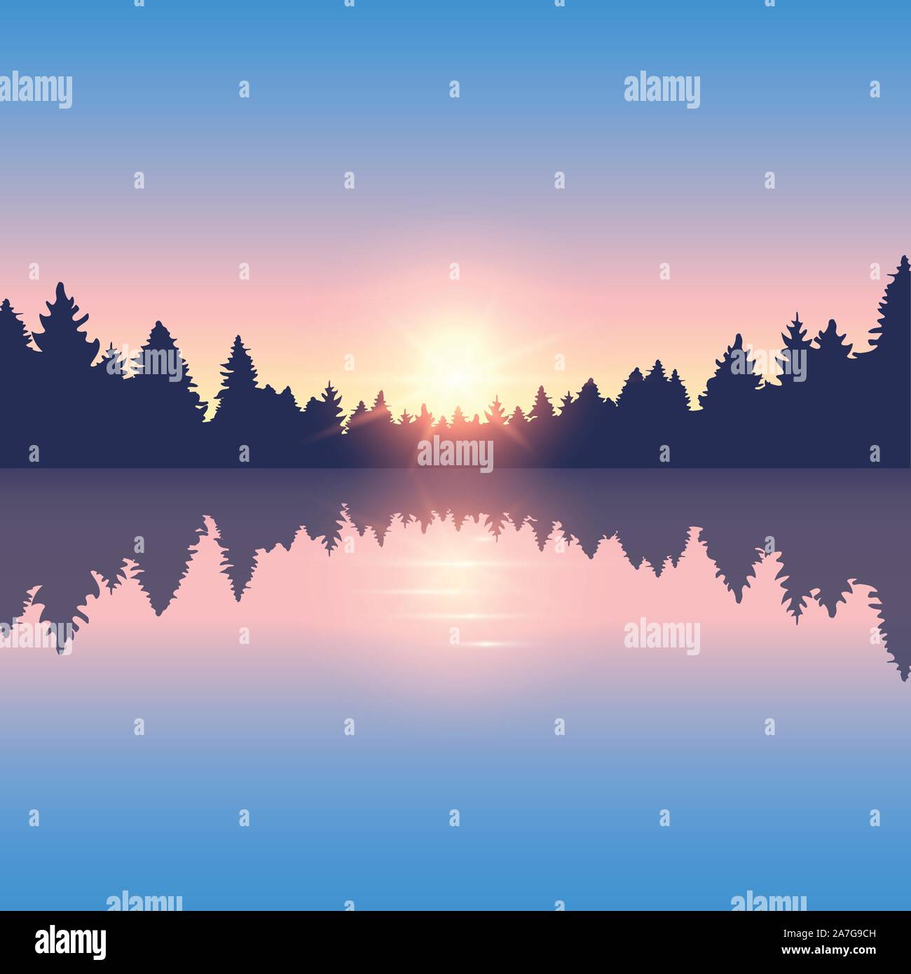beautiful lake and pine forest nature landscape vector illustration ...