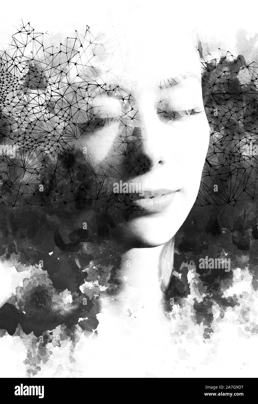 Double exposure. Paintography. Portrait of a beautiful young female ...