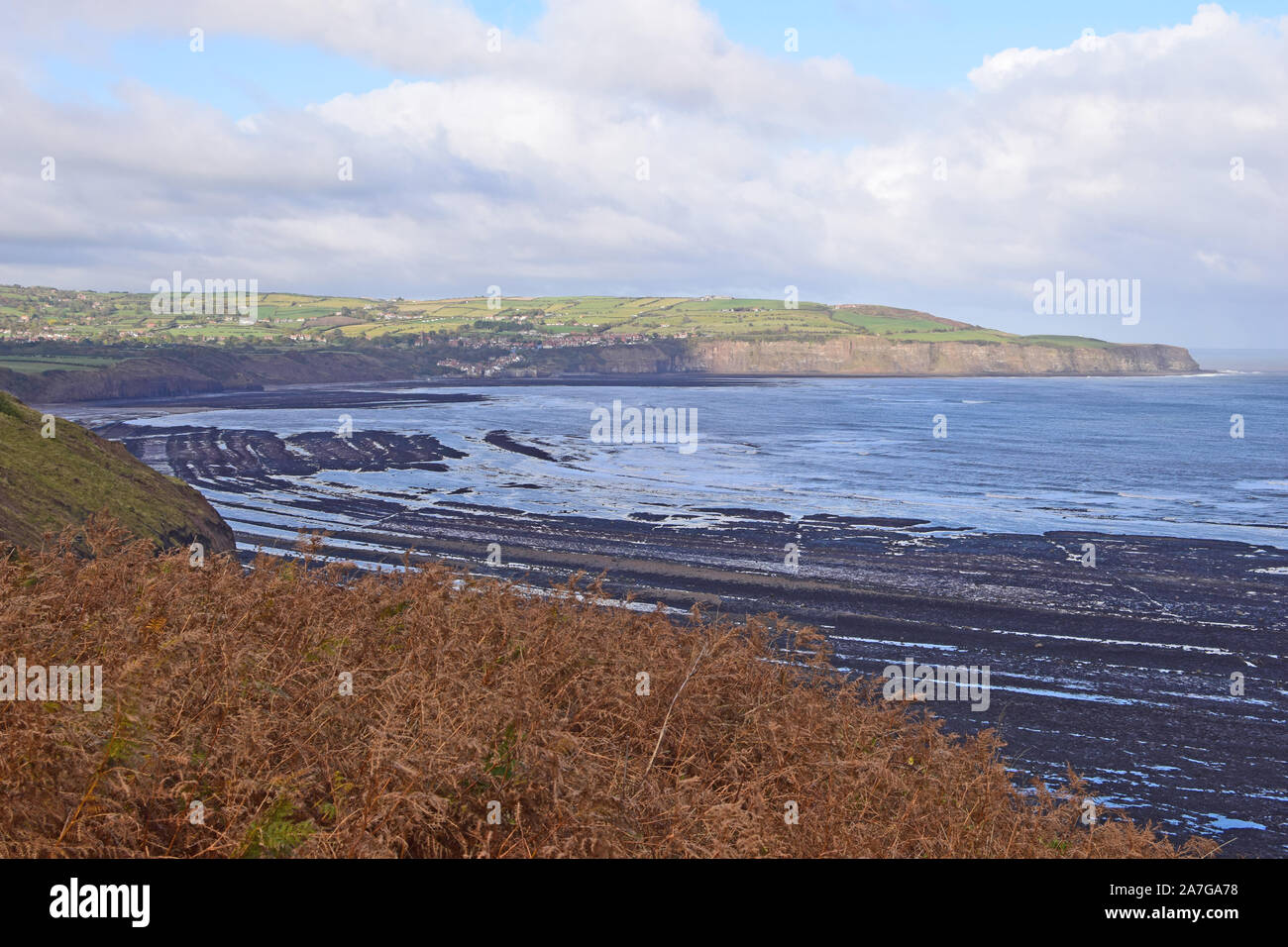 Views over Boggle Hole and Robin Hoods Bay from near Ravenscar Stock ...