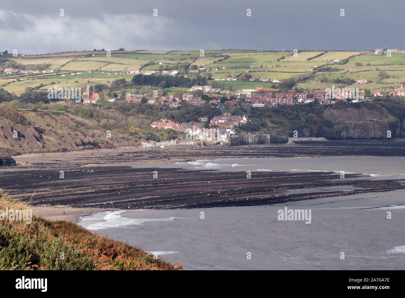 Views over Boggle Hole and Robin Hoods Bay from near Ravenscar Stock ...
