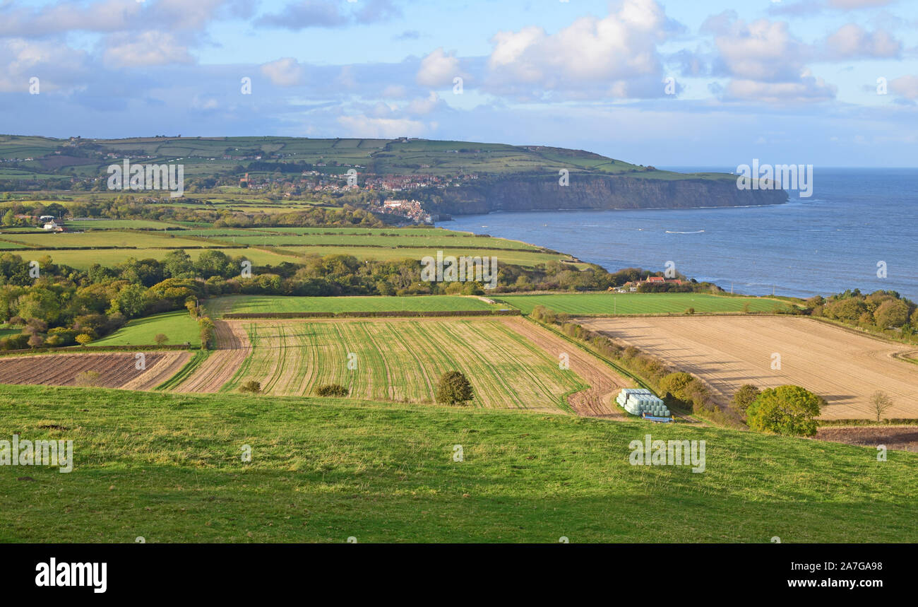 Robin Hoods Bay and Jurassic Coast viewed from Ravenscar Stock Photo ...