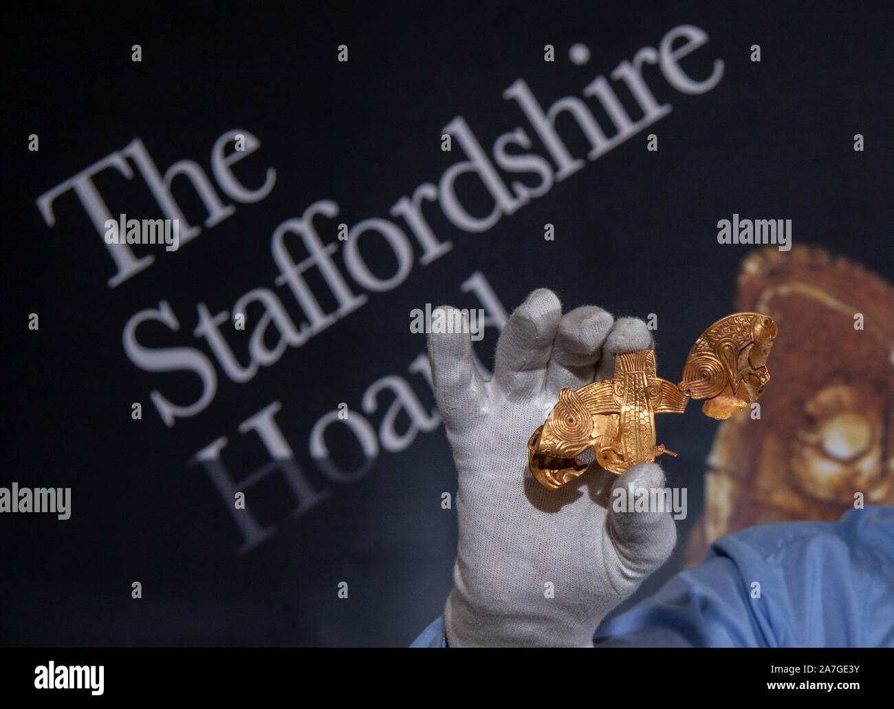 A sheet gold plaque, part of the Staffordshire Hoard, on display at ...