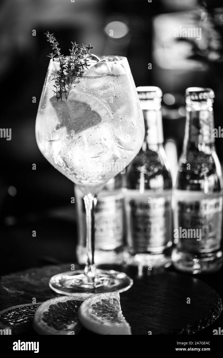 fresh gin tonic beverage with fruits & spices Stock Photo - Alamy